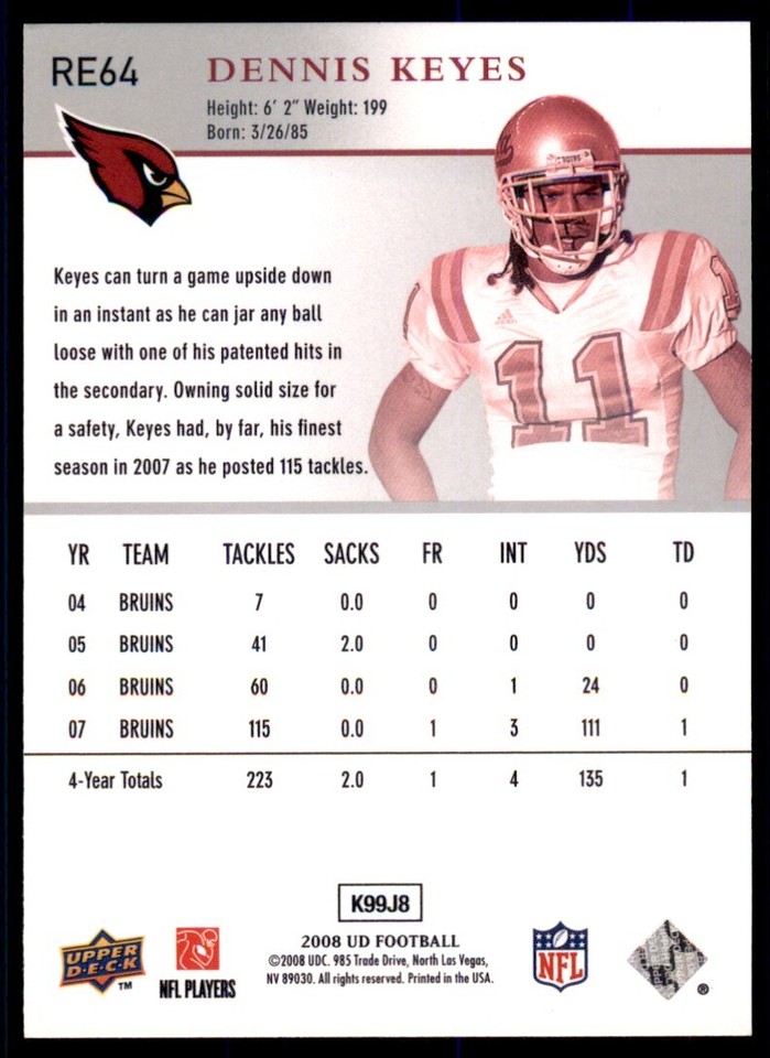 2008 UD Star Rookie Exclusives Dennis Keyes Arizona Cardinals #RE64 | eBay