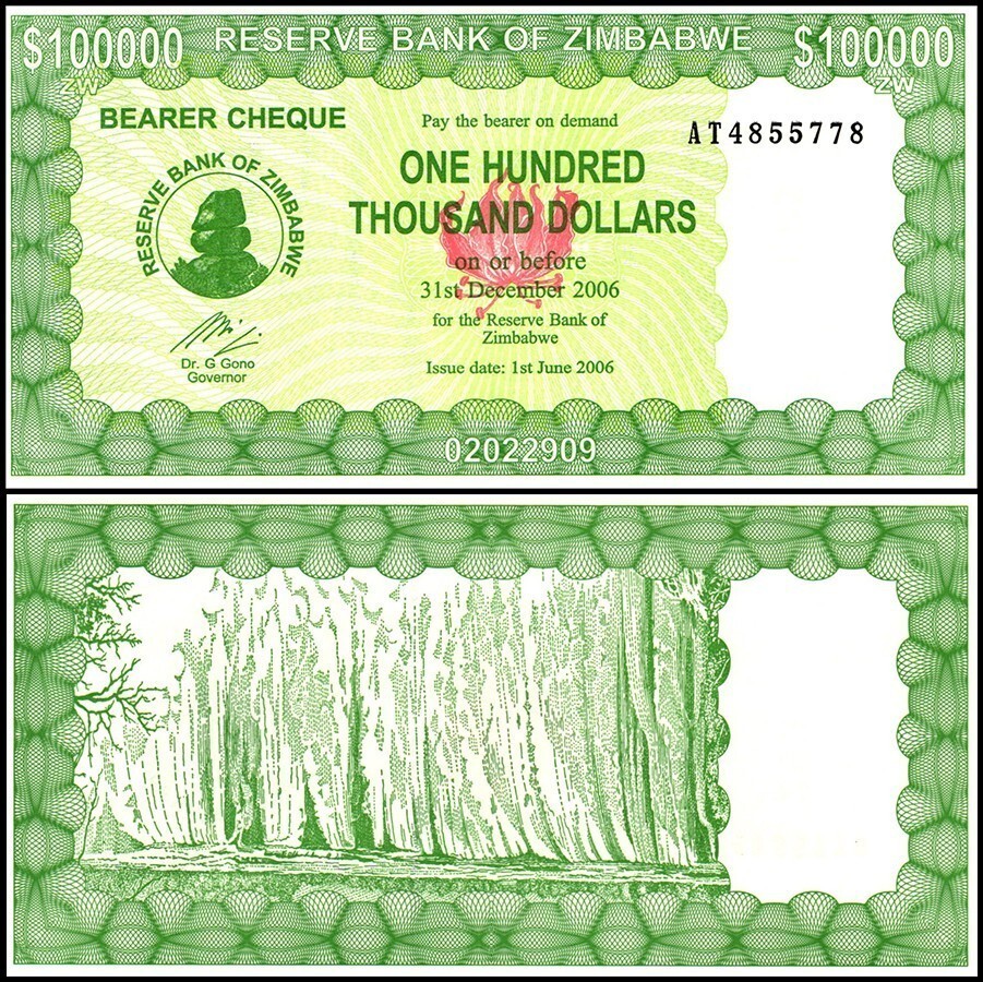 Zimbabwe One 100000 Dollar 2006 Agro Cheque Bill Banknote Money - Pre ...