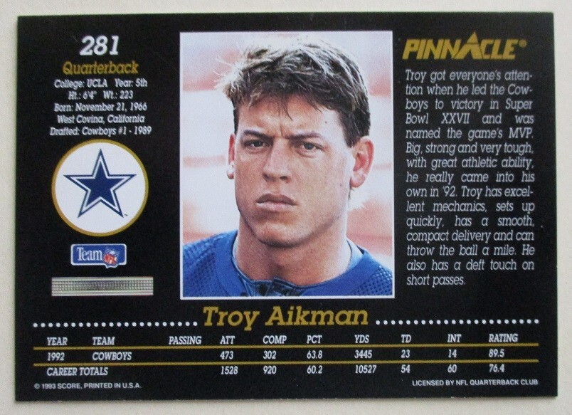 TROY AIKMAN Dallas COWBOYS 1993 PINNACLE FOOTBALL CARD #281 | eBay