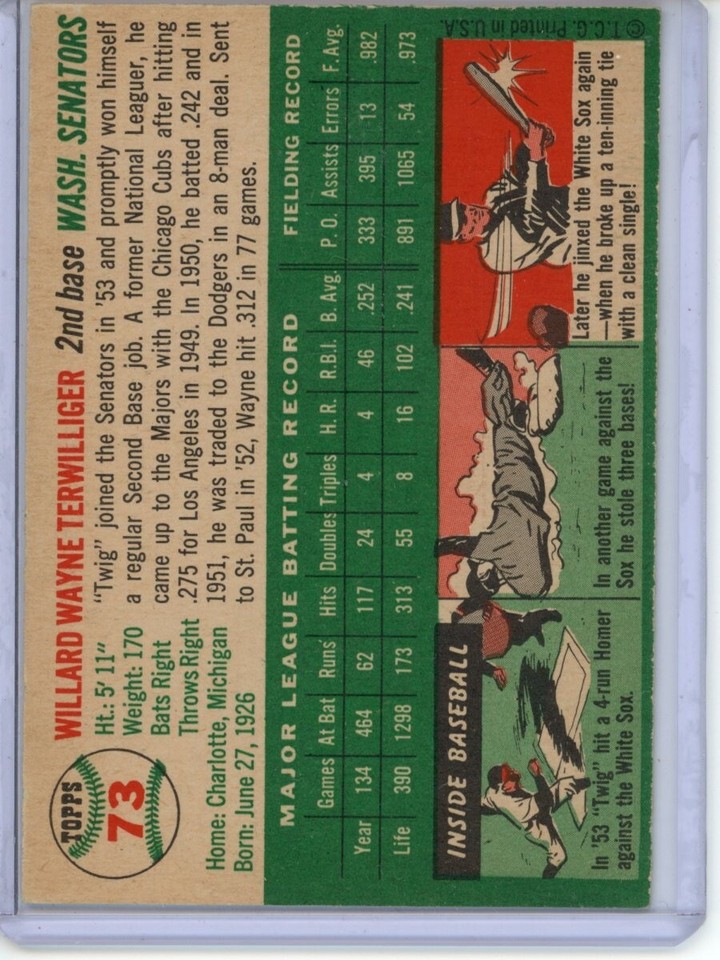 1954 Topps Wayne Terwilliger baseball card, #73 in the set, VG-EX or ...