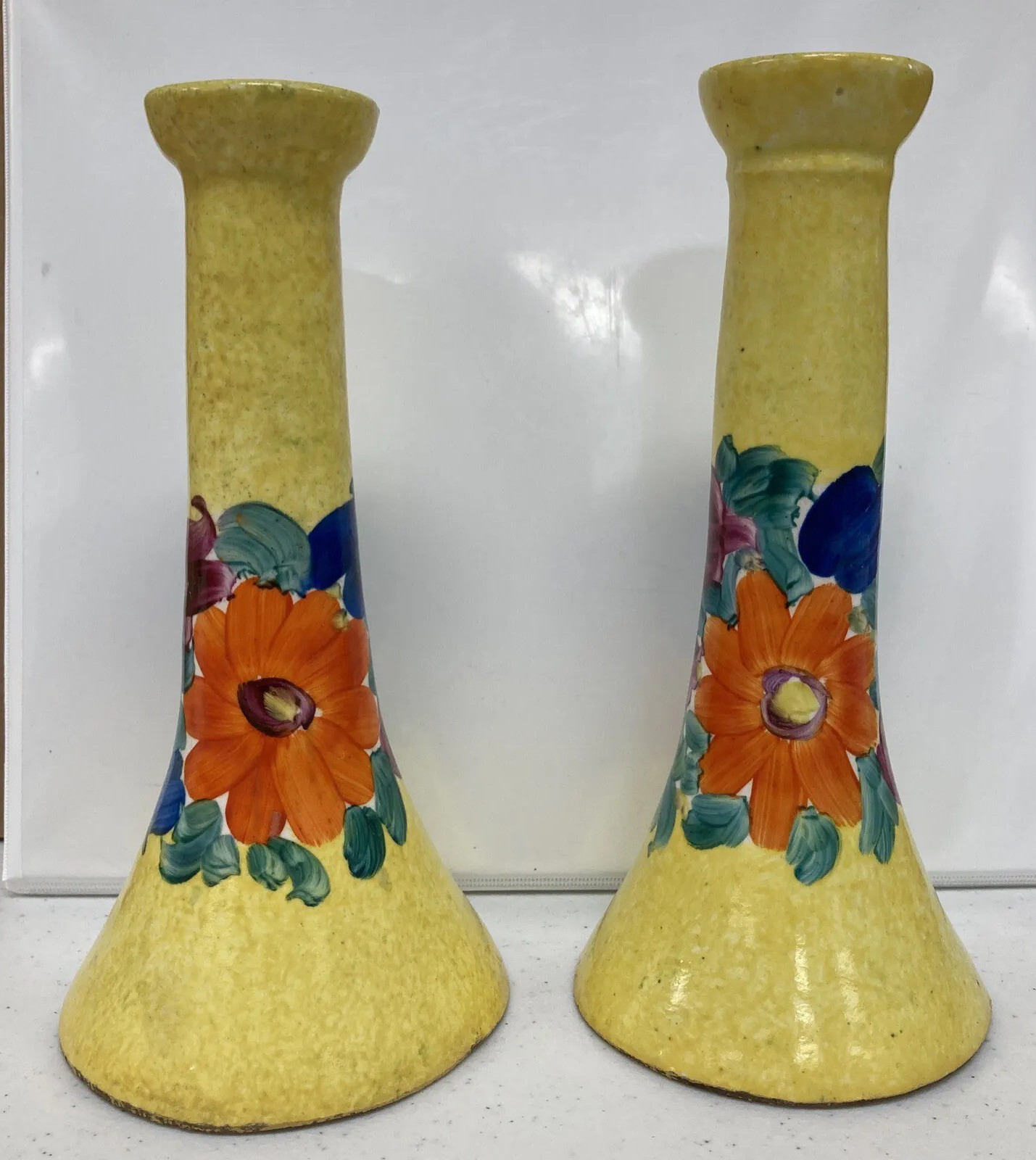 VTG DECO Yellow Czechoslovakia Art Pottery Hand Painted Pair Candle ...
