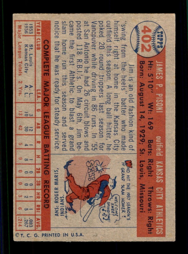 1957 Topps #402 Jim Pisoni | eBay