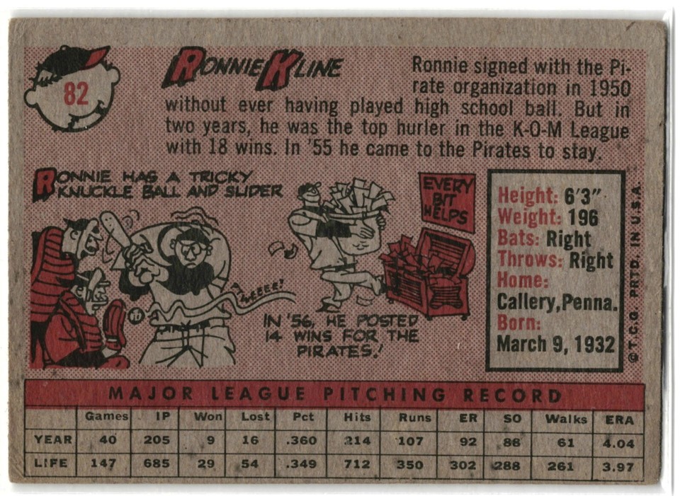 1958 Topps Baseball Ronnie Kline Pittsburgh Pirates #82 | eBay