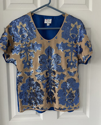 Target Neiman Marcus Tracy Reese Blue & Gold Sequin Short Sleeve Top ...