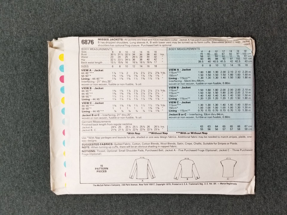 McCall's Pattern #6876 ~ Lined Jackets w/ Mandarin Collars ~ Misses 8 ...