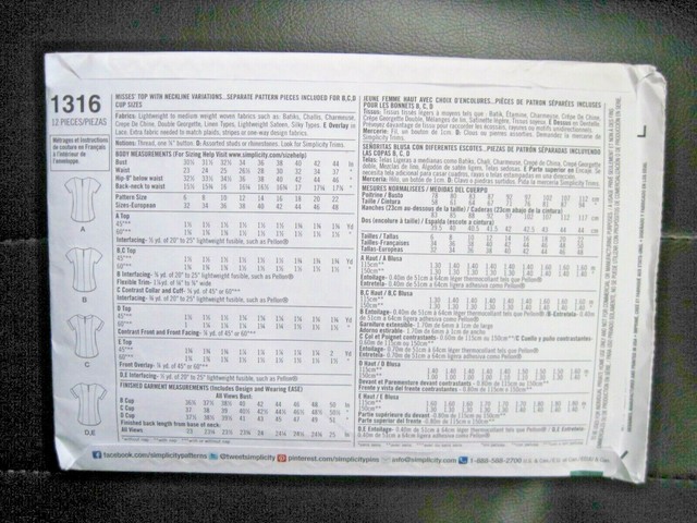 Simplicity Sewing Pattern 1316 Misses Women Top H5 6-14 Uncut for sale ...