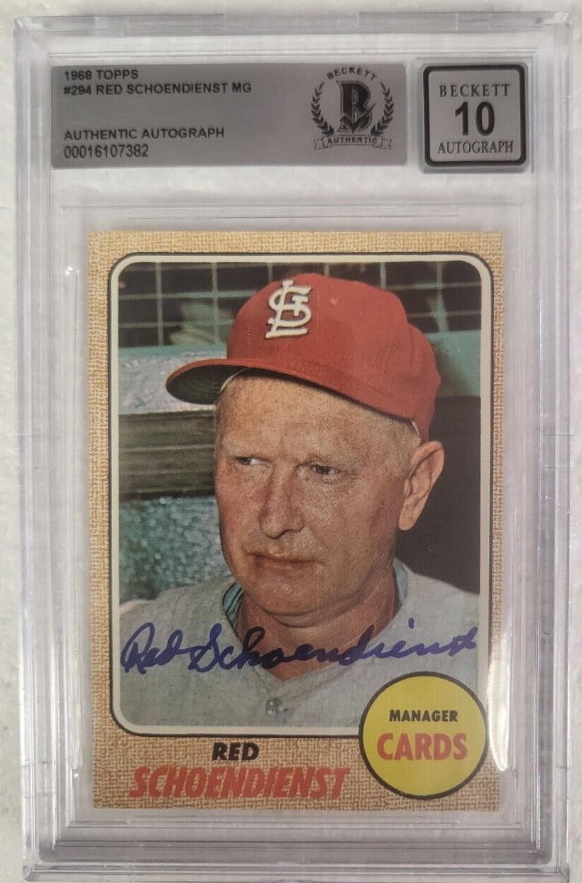 1968 TOPPS RED SCHOENDIENST STL CARDINALS SIGNED #294 CARD BECKETT 10 ...