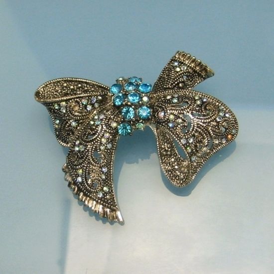 Vintage Large Blue AB Rhinestone Bow Brooch Pin Filigree Detailed ...