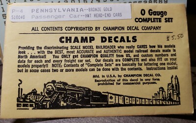 O Scale Champ Decals P-4 Pennsylvania RR Bronze Gold HWT Head-End ...