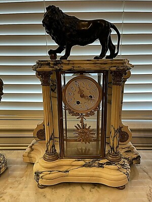 Antique French Marble & Bronze LION Mantle Clock & Garniture Set 20x16 ...