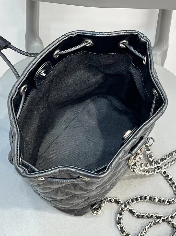 Small Mini Quilted Real Leather Drawstring Bucket Backpack Chains Purse ...