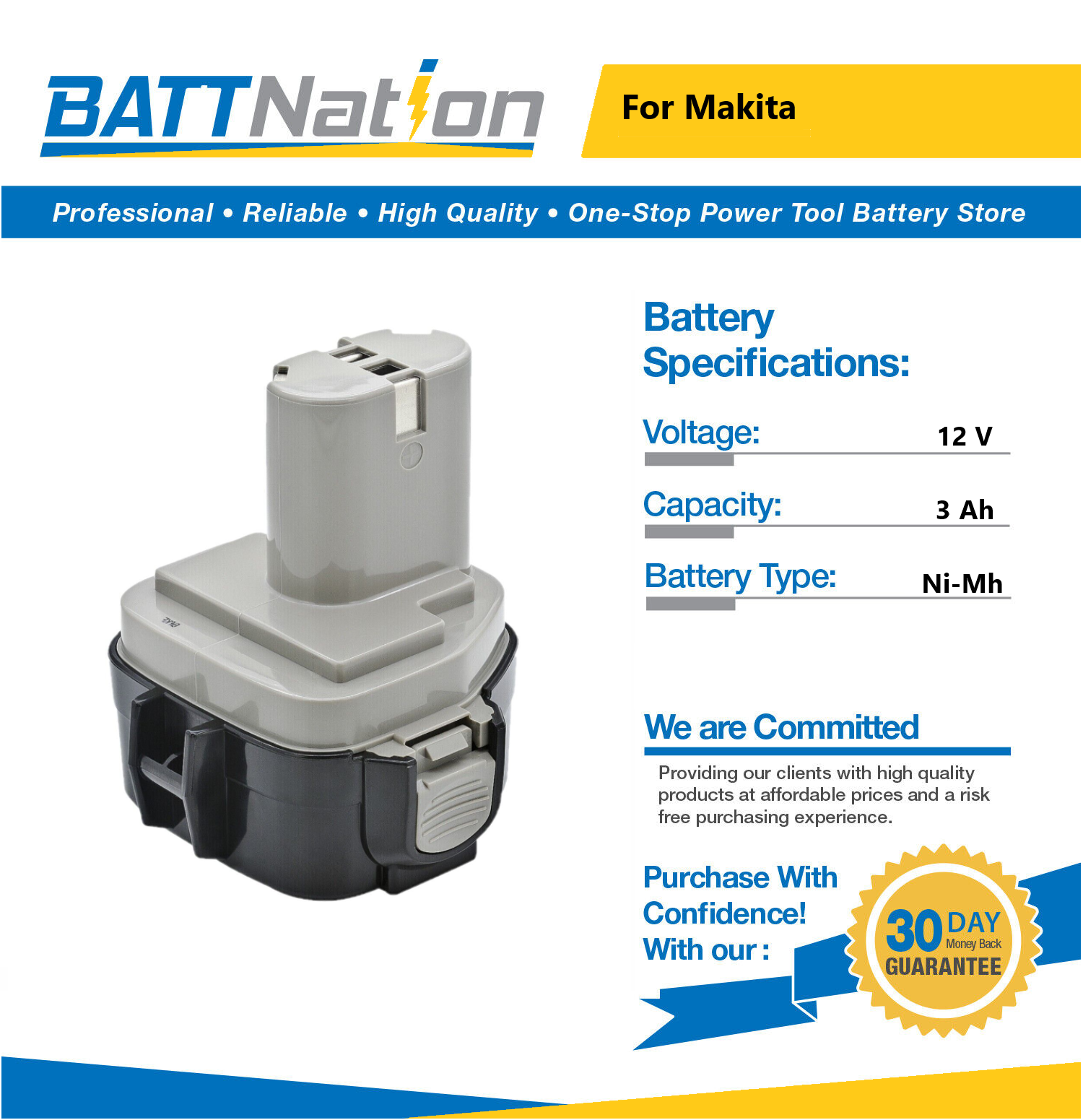 12V 3Ah NiMh Battery for Makita 1233 1234 1235 1235B 1235F 192696-2 ...