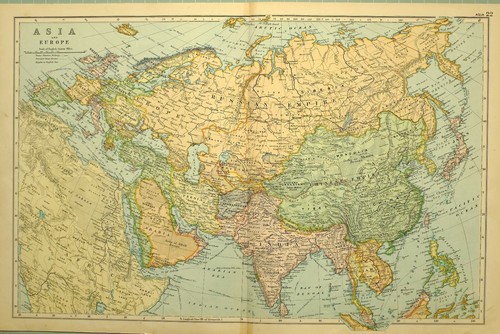 1905 ANTIQUE MAP ASIA IN EUROPE ARABIA TIBET INDIA CHINESE EMPIRE JAPAN ...