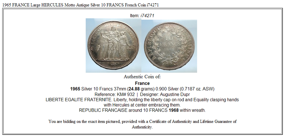 1965 FRANCE Large HERCULES Motto Antique Silver 10 FRANCS French Coin ...