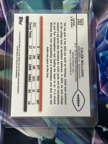 Caleb Williams 2024 Topps Chrome Silver Refractor Rookie RC #202 Bears ...