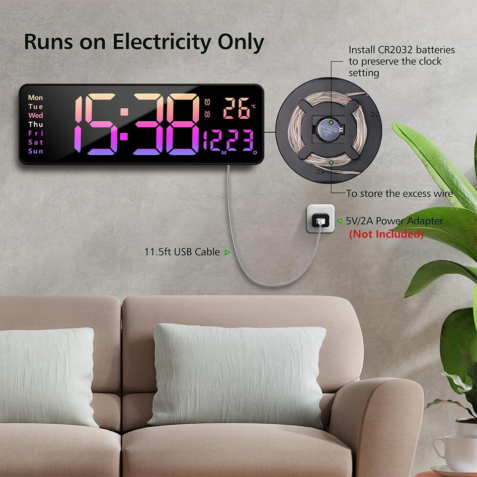 16inch BIG DIGITAL LED CLOCK WALL MOUNT LARGE NUMBERS TIMER DATE ...
