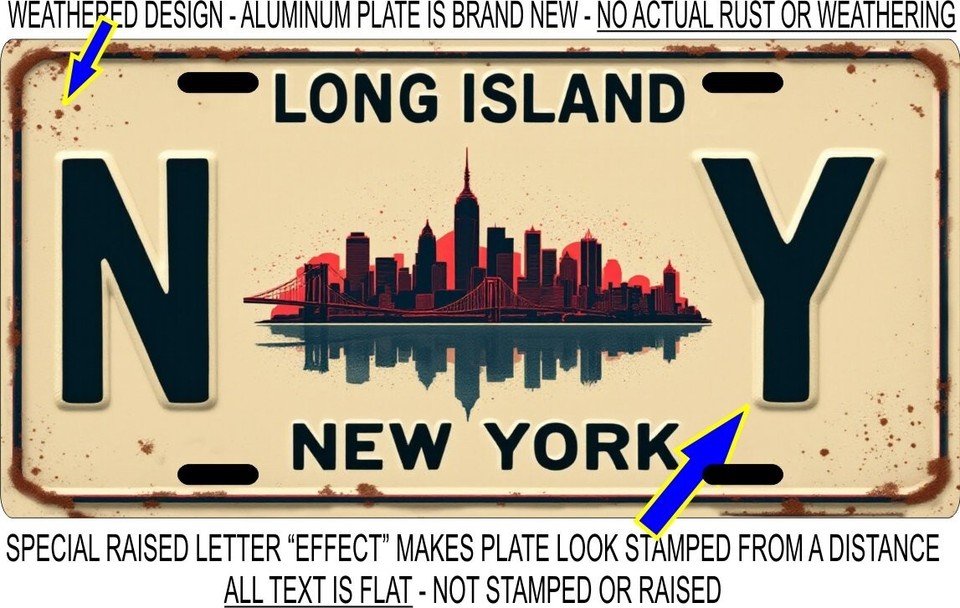 LONG ISLAND New York Skyline Weathered Vintage Aluminum NY License ...