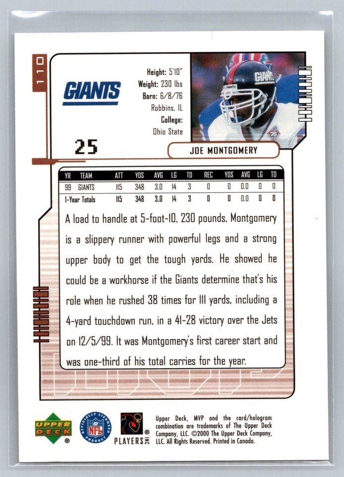 2000 UPPER DECK MVP CARD # 110 Joe Montgomery - New York Giants | eBay