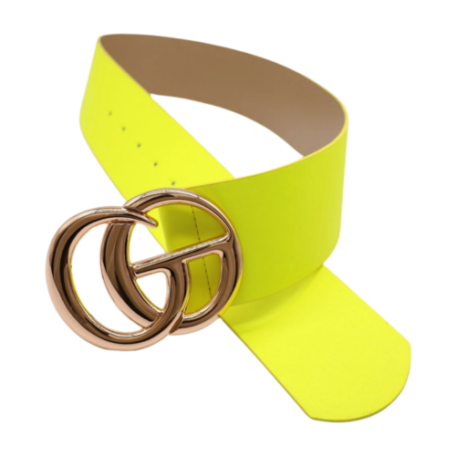 Women Bright Neon Yellow Wide Faux Leather Belt Gold Metal Circle ...