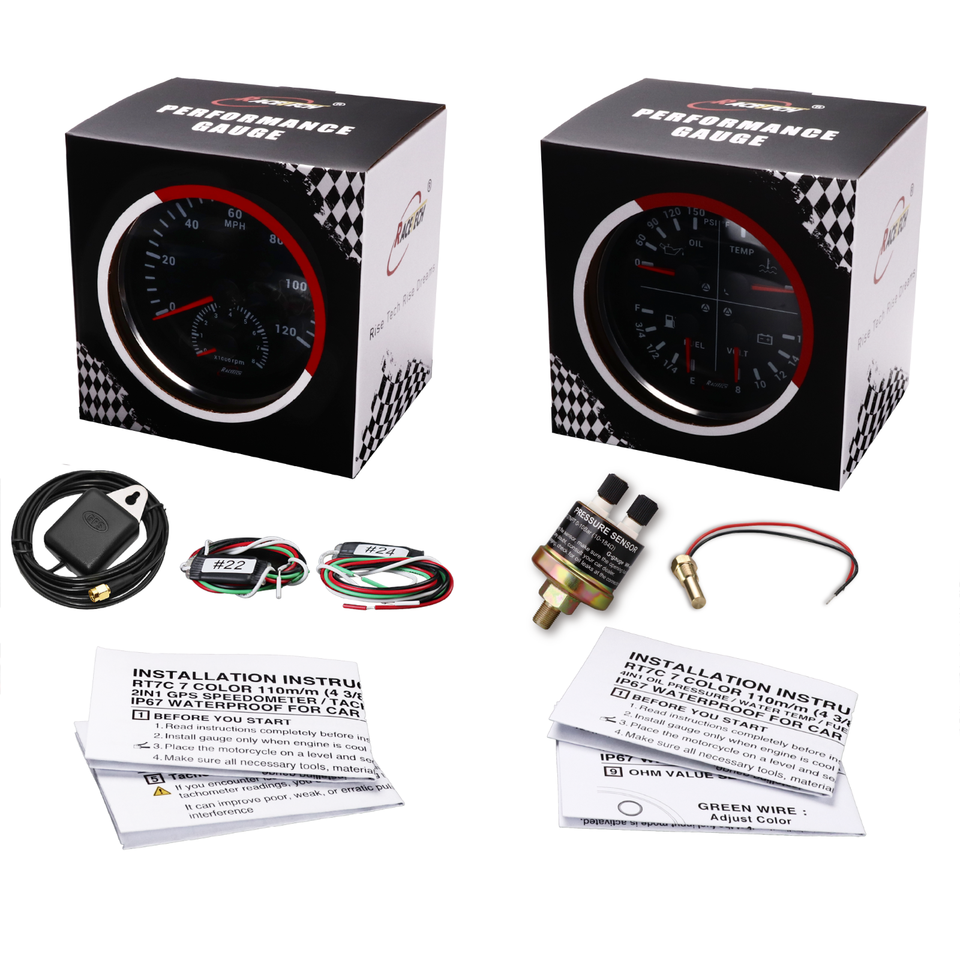 RACETECH 110mm 2 Gauge Set 2in1 GPS Speedometer 120 MPH 4in1 Multi ...