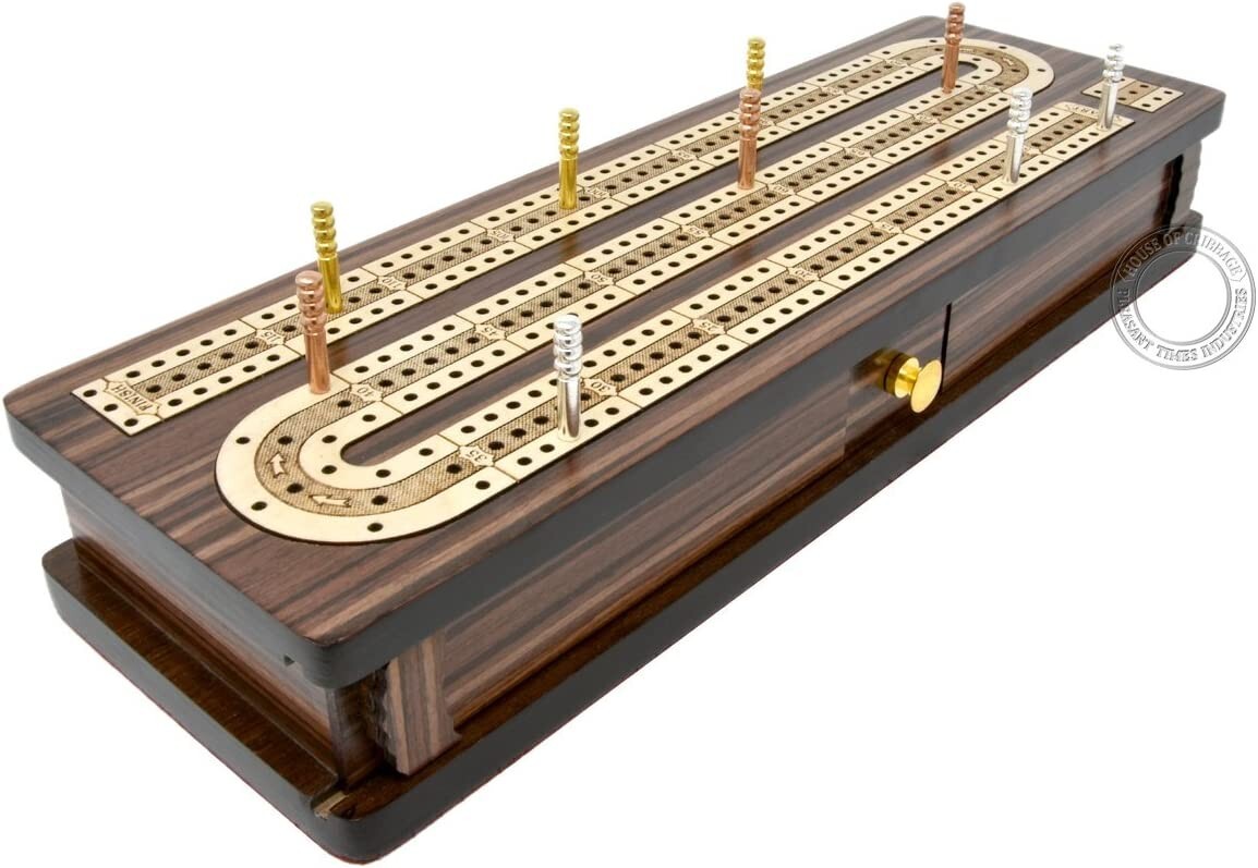 3 Tracks Continuous Cribbage Board Game Set Inlaid Wood w/Sliding ...