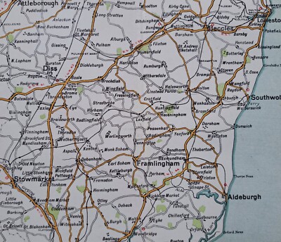 1908 antique Suffolk road map. Southwold, Aldeburgh, Framingham ...