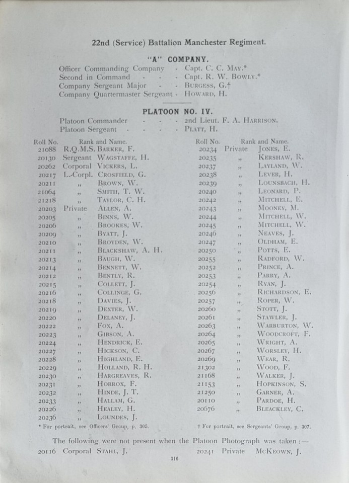 1917 WW1 PRINT MANCHESTER REGIMENT 22nd SERVICE BATTALION A COMPANY ...