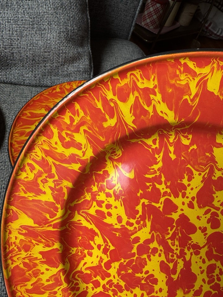 Set Of 12 graniteware splatter ware enamelware Plates Bowls Cups Orange ...