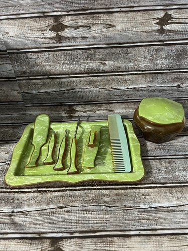 Antique/Vintage Bakelite Celluloid Green Art Deco Vanity Dresser Set 8 ...