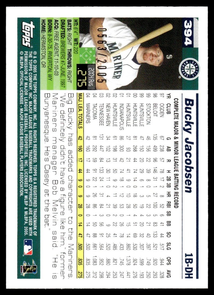 2005 Topps Gold Bucky Jacobsen /2005 Seattle Mariners #394 | eBay