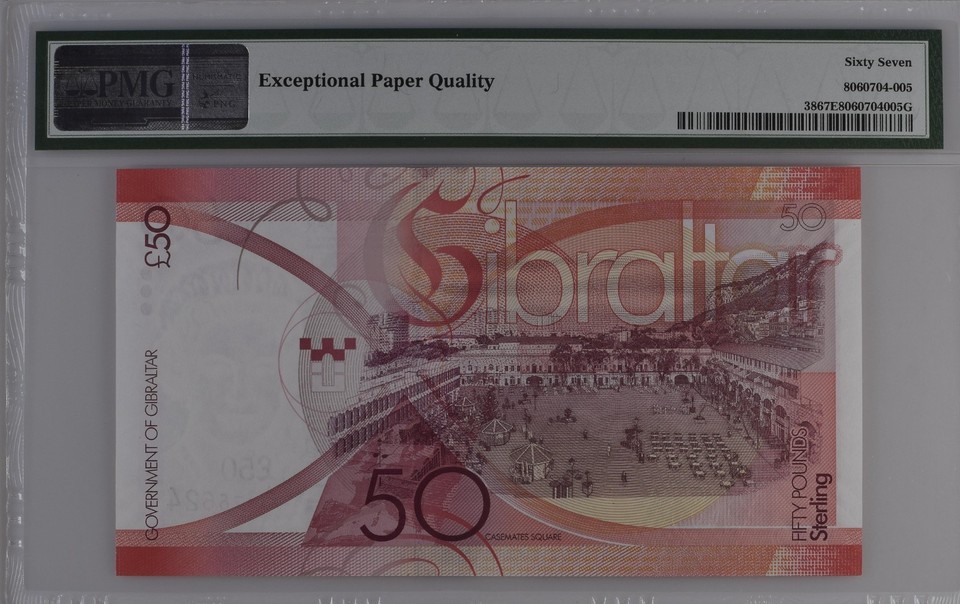 GIBRALTAR 50 POUNDS P# 38 2010 PREFIX A/AA PMG 67 EPQ .SUPERB GEM UNC ...