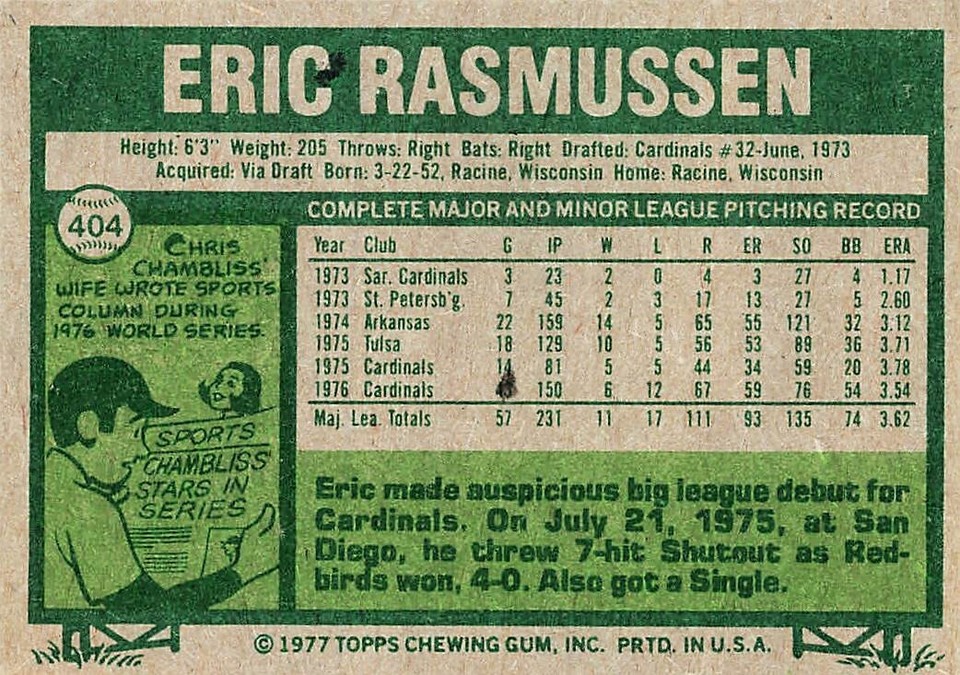 Eric Rasmussen 1977 TOPPS Baseball Card #404 | eBay