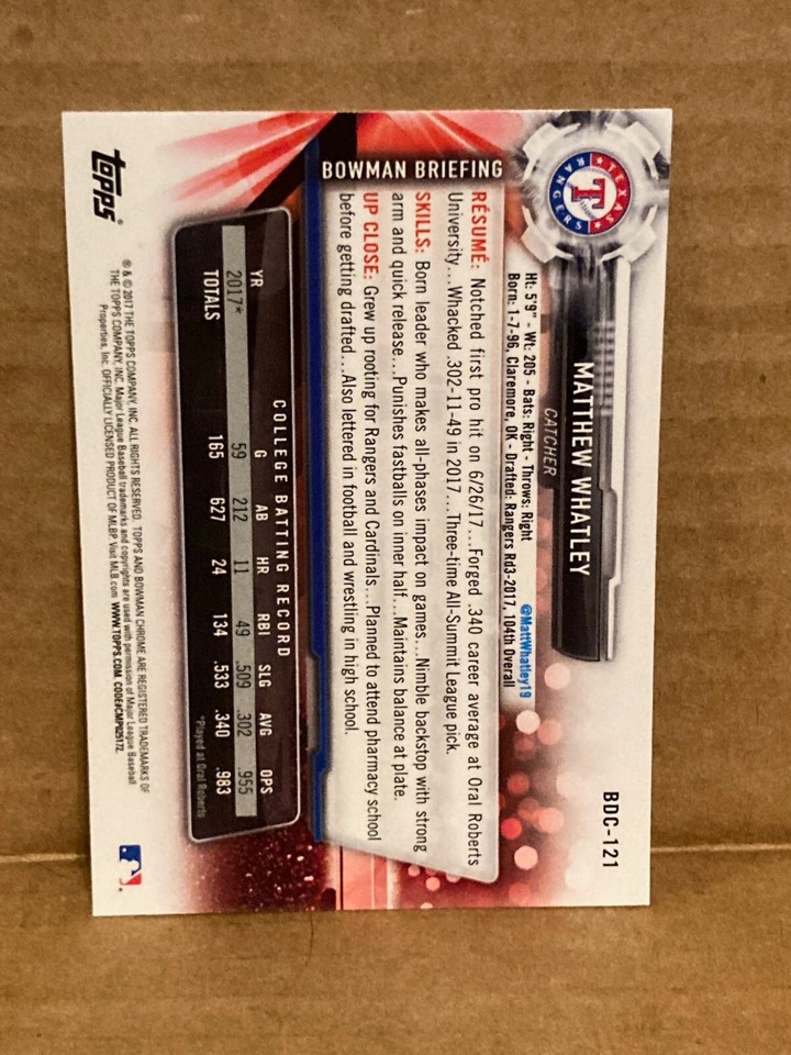 Matthew Whatley Texas Rangers 2017 1st Bowman Chrome Draft BDC-121 | eBay