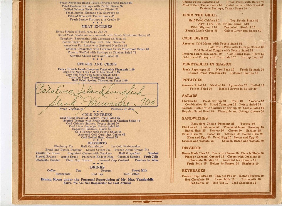 San Carlos French Cafe Menu Phoenix Arizona 1938 Max Vanderbilt Haunted ...