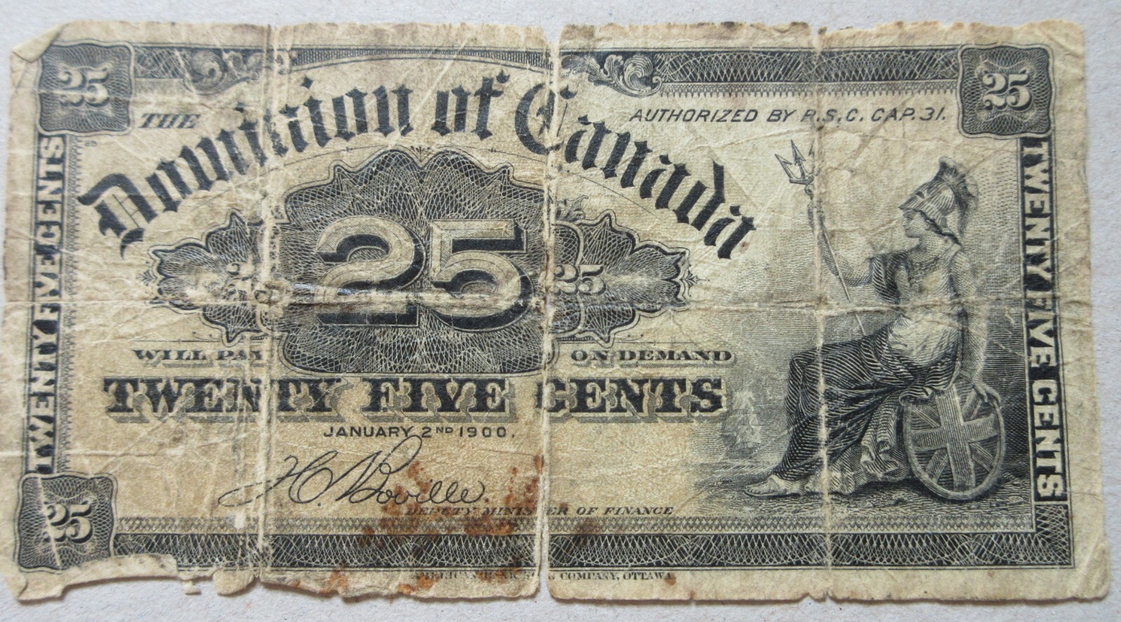 1900 Bank Dominion of Canada 25 Cents Bill Shinplaster. $0.25 Note ...