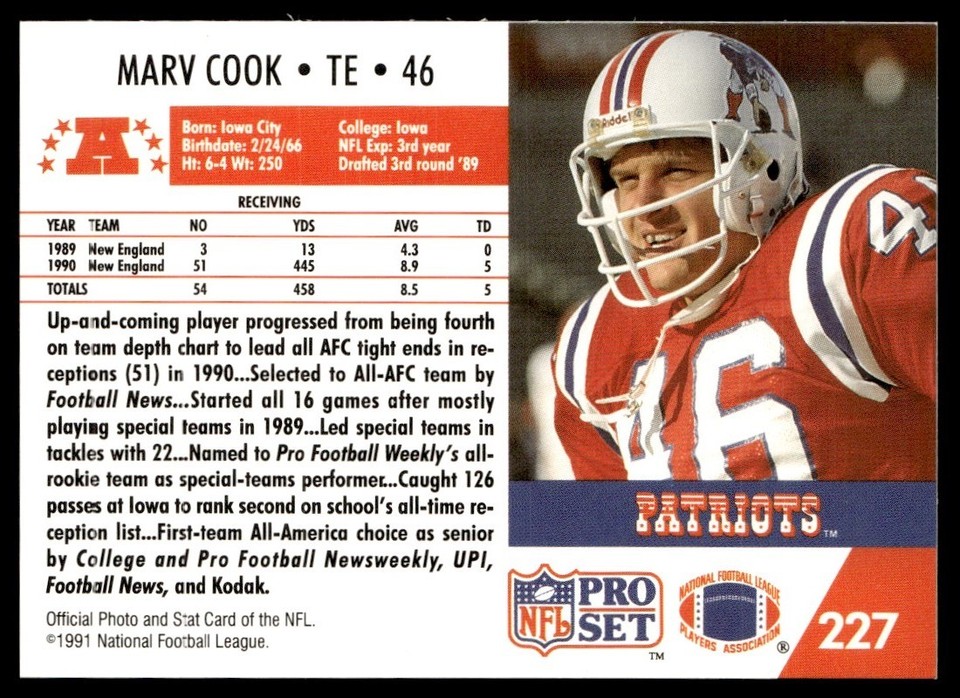 1991 Pro Set Marv Cook New England Patriots #227 | eBay