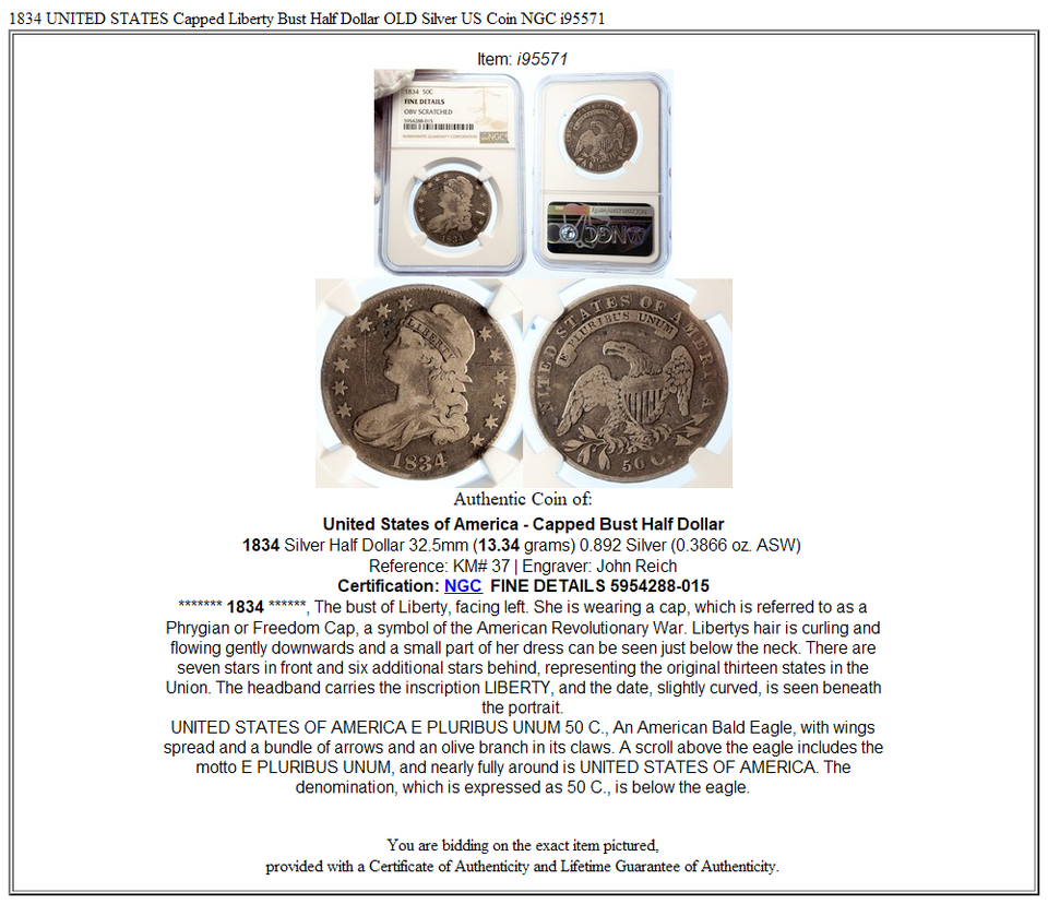 1834 UNITED STATES Capped Liberty Bust Half Dollar OLD Silver US Coin ...