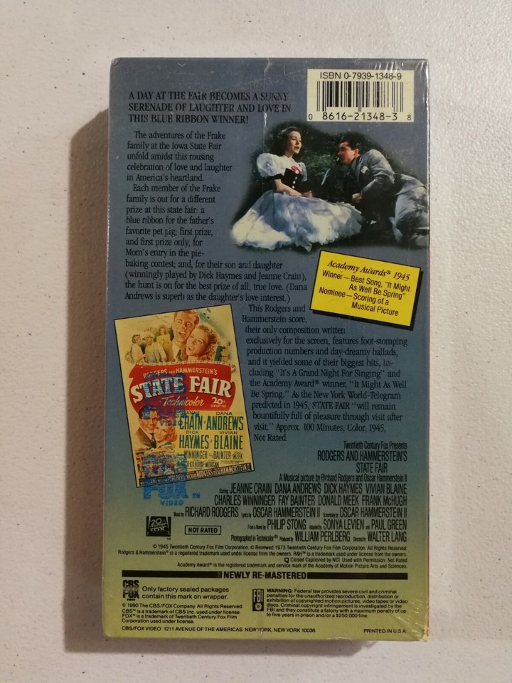 STATE FAIR (VHS) Rogers & Hamerstein - Jeanne Crain - Brand New Factory ...