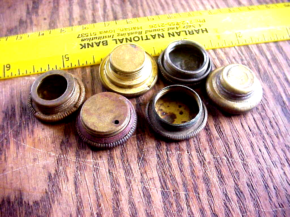 LOT OF SIX VINTAGE FILLER OIL KEROSENE LAMP PARTS SCREW LIDS CAPS RAYO ...