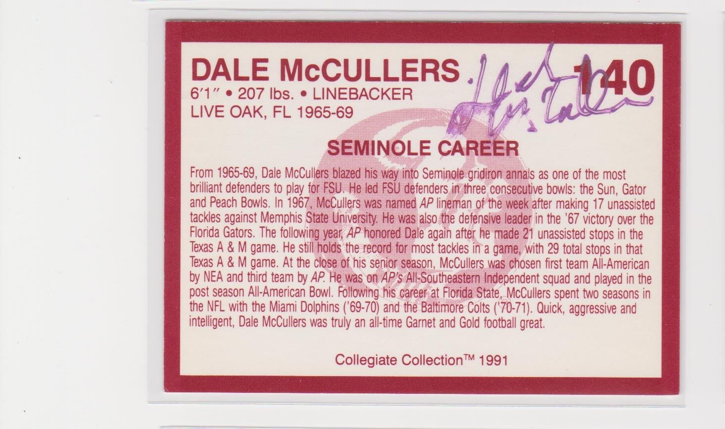 DALE MCCULLERS FLORIDA STATE DOLPHINS 1969-1970 AUTOGRAPHED CARD ...