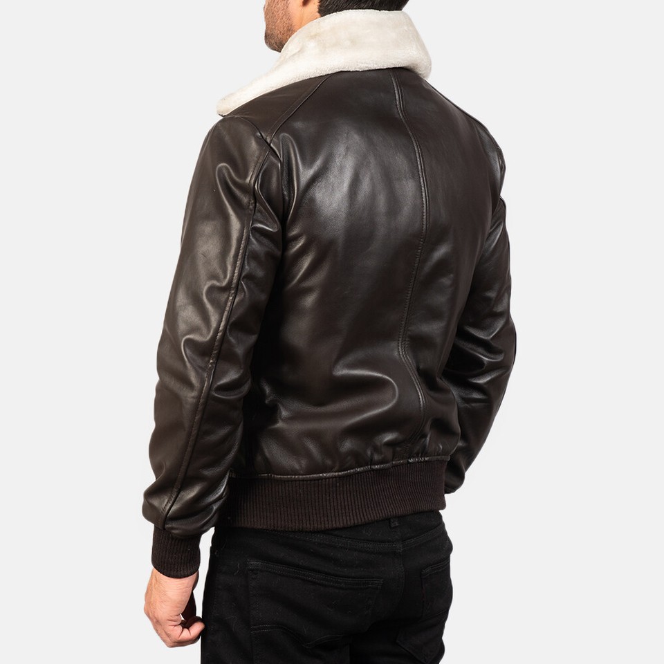 Men's Genuine Lambskin Leather Brown Bomber Jacket White Fur Collar ...