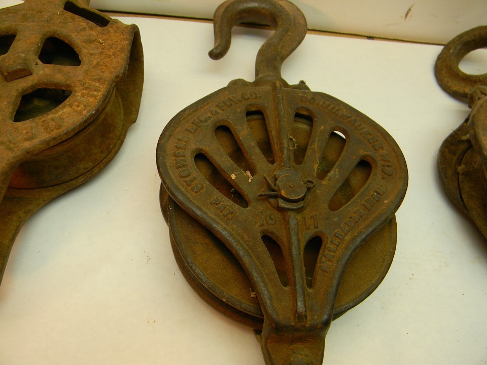 53-19-A Vintage Old West Yard Art 3 ornate pulleys, hook, cow kickers ...