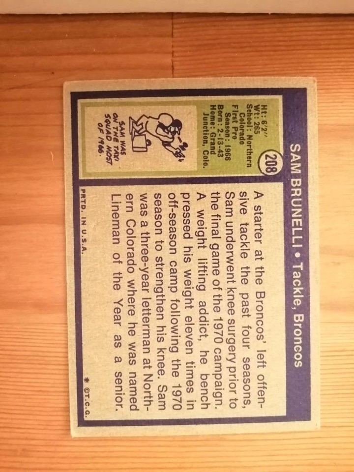 SAM BRUNELLI 1972 Topps FB #208 FREE SHIP 50% OFF SALE B1008R4S15P24 | eBay