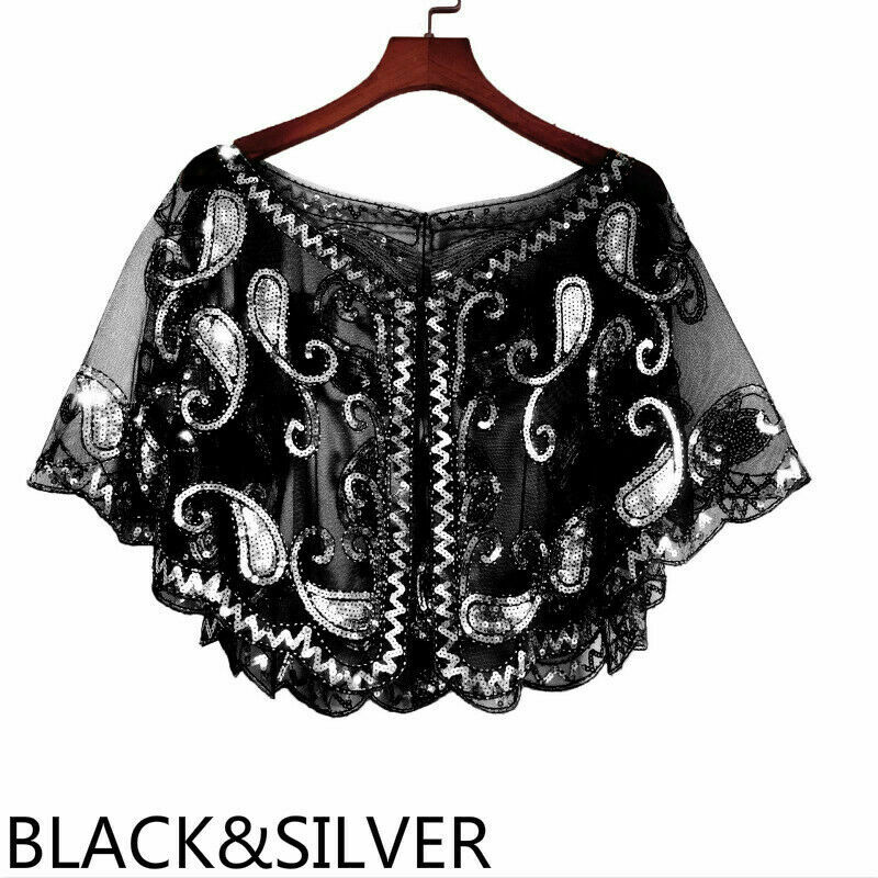 Lady Sequin Mesh Cape Bolero Shawl Wrap Wedding Bride Glitter Banquet ...