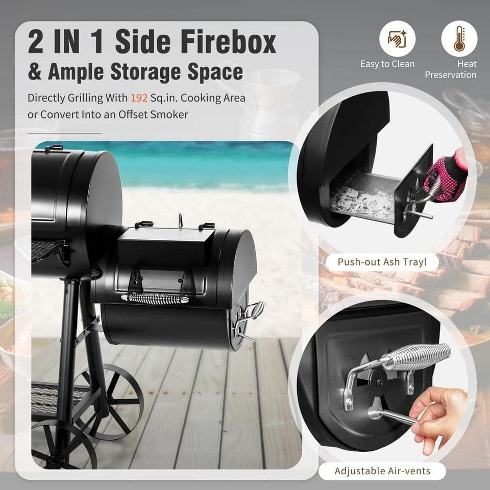 Extra Large Heavy-Duty Offset Charcoal Smoker in Black | eBay
