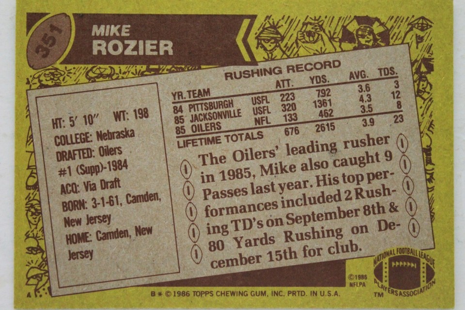 Mike Rozier Houston Oilers Nebraska Heisman Autographed 1986 Topps Card ...