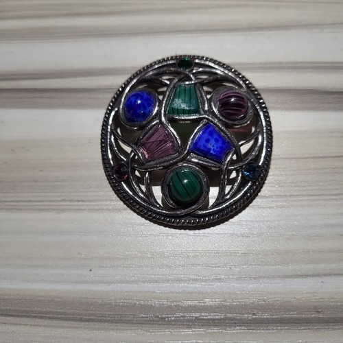 Colorful Vintage Miracle Pewter Gemstones Round Large Pin Brooch Marked ...