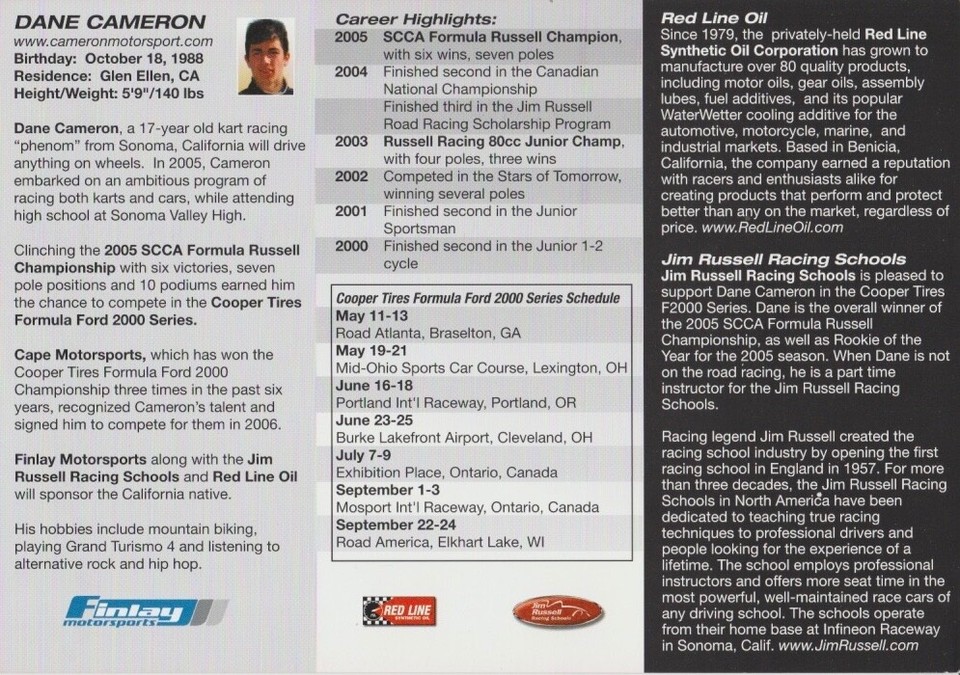 2006 Dane Cameron Finlay Motorsports Formula Ford 2000 Hero Card | eBay