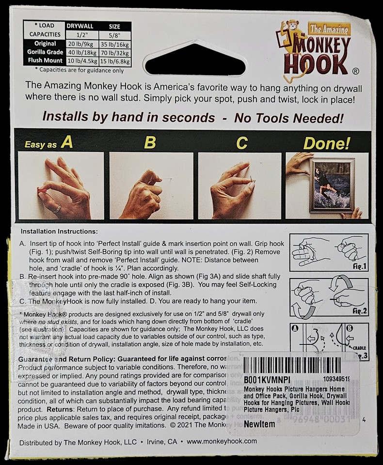 Monkey Hooks Picture Hangers Home and Office Pack, Gorilla Hook, Drywall Hooks | eBay