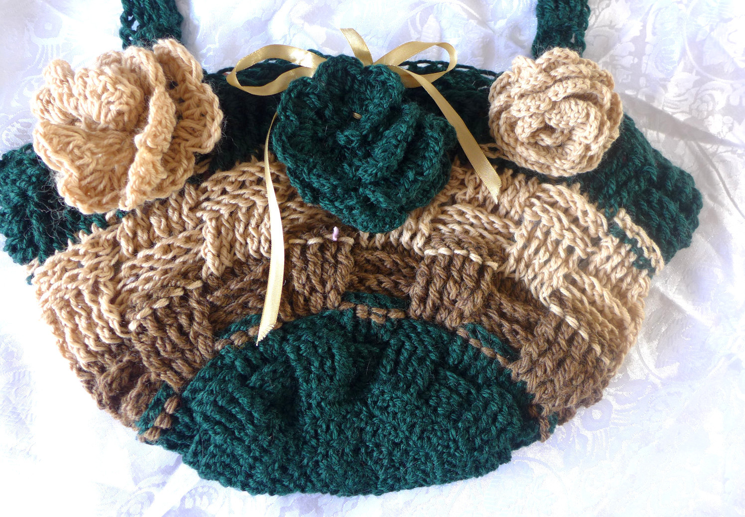 Womens Bag Handmade Crocheted Acrylic Wool With Flowers 12x20 inch ...